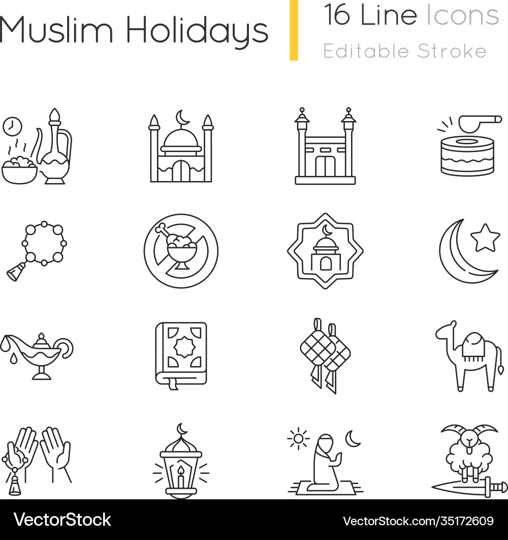 Muslim holidays linear icons set Royalty Free Vector Image