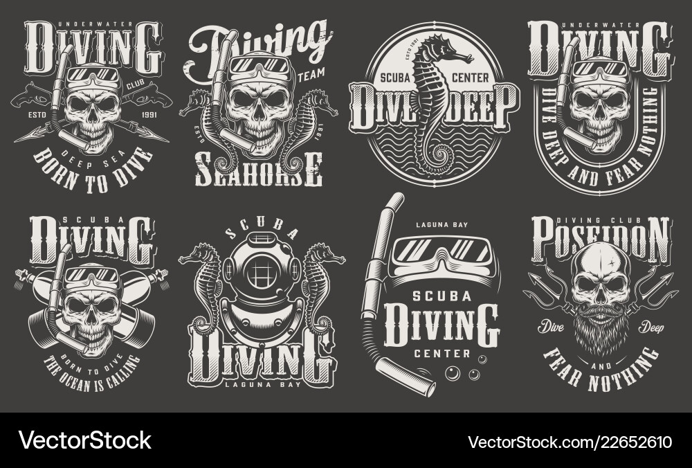 Vintage monochrome diver labels collection Vector Image