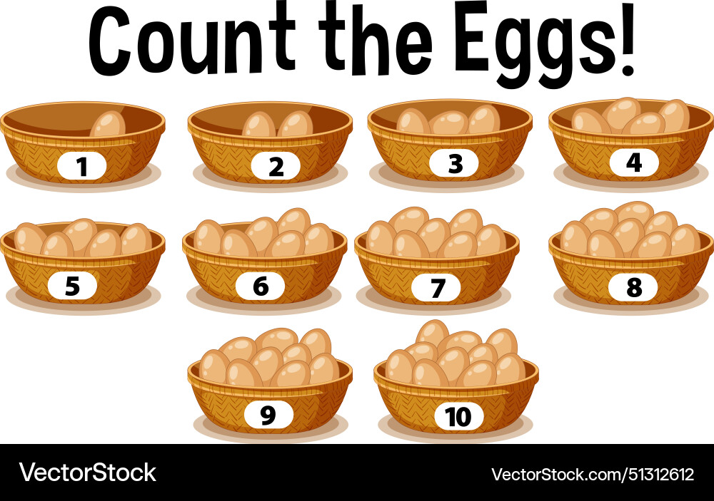 Ten baskets filled with eggs for counting Vector Image