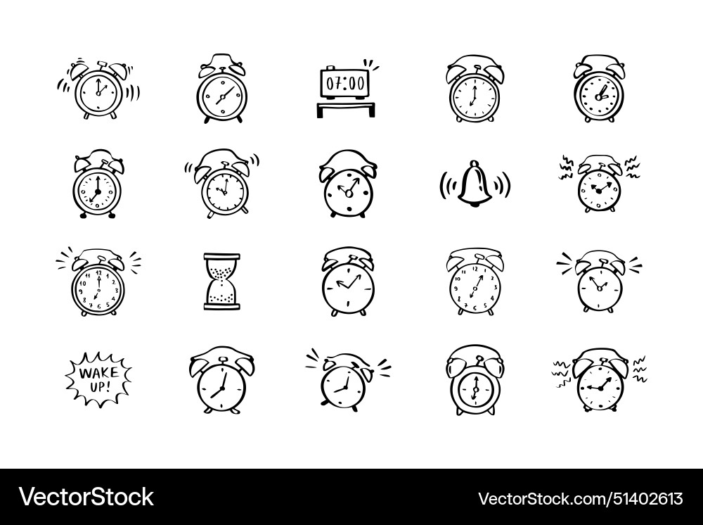 Hand drawn doodle alarm different alarm Royalty Free Vector