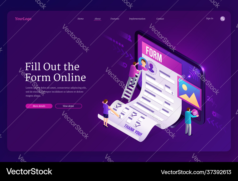 Online form fill out isometric landing quiz Vector Image