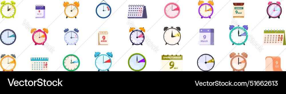 Spring forward icons set of alarm clocks Vector Image