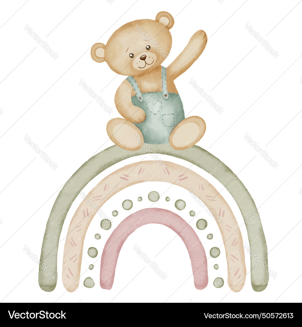 Teddy bear with boho rainbow watercolor Royalty Free Vector
