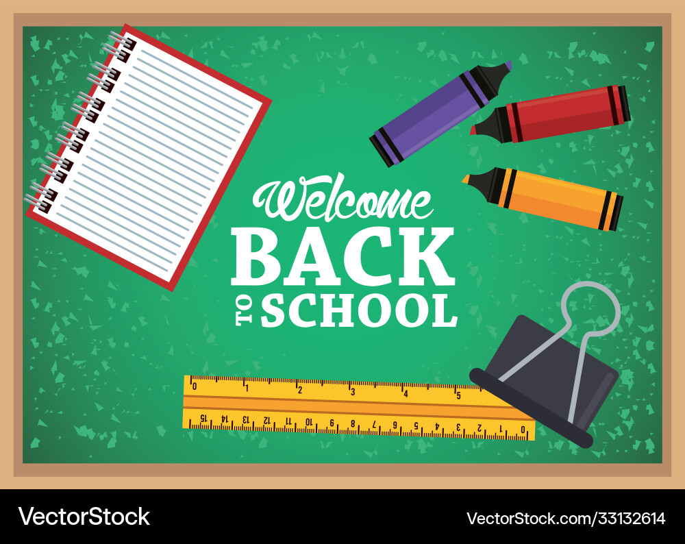 Back to school poster with chalkboard and notebook