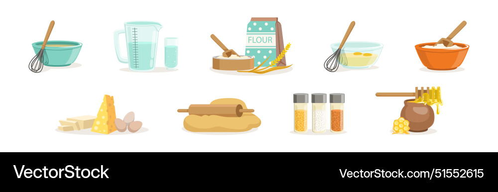 Baking ingredients and utensil at kitchen Vector Image
