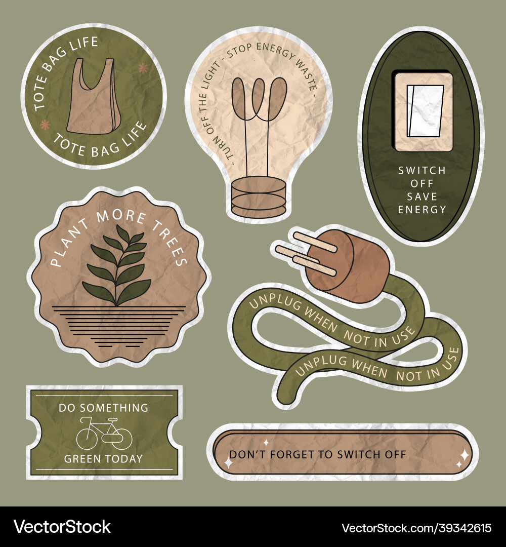 Save environment sticker set in crumpled paper Vector Image