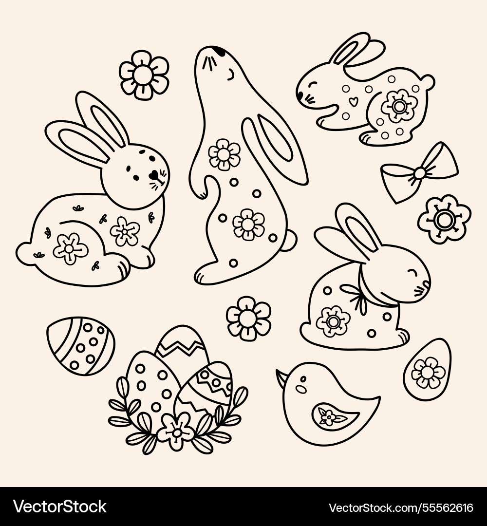 Cute easter bunnies and paschal eggs doodles Vector Image