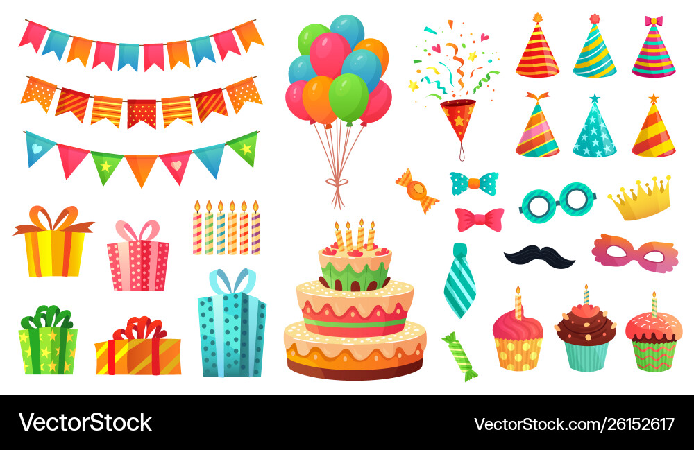 Cartoon birthday party decorations gifts presents Vector Image