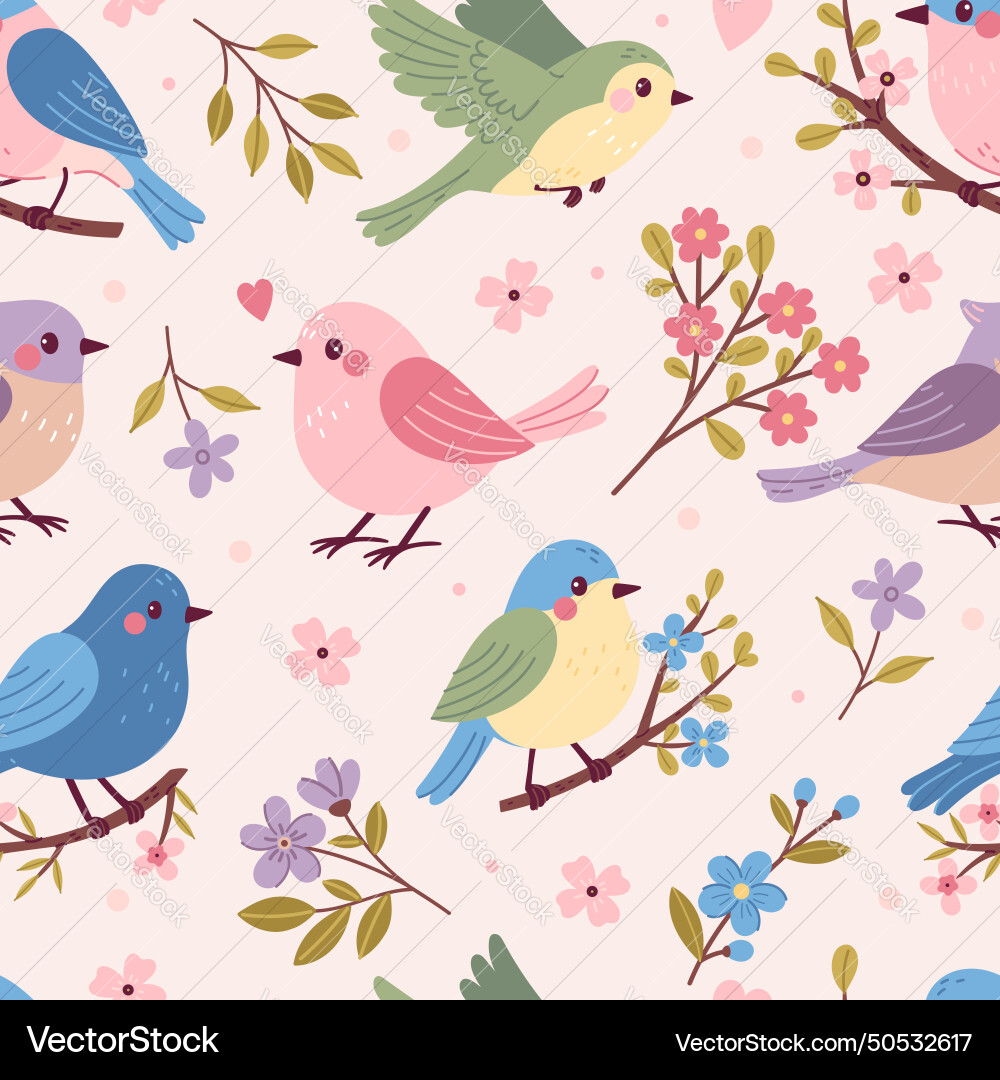 Seamless pattern of cute spring songbirds Vector Image