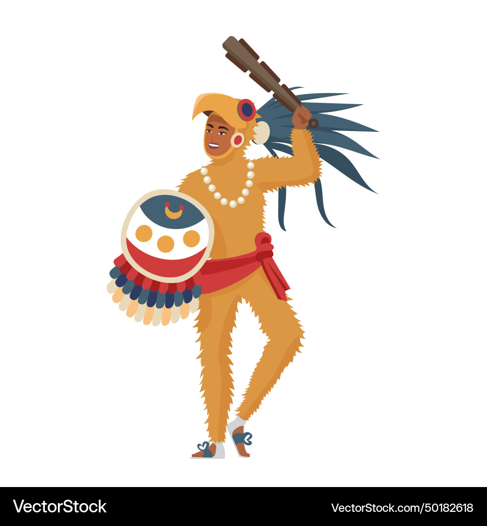 Aztec warrior man with tribal feathers on head Vector Image