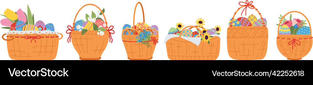 Easter eggs baskets color egg in basket Royalty Free Vector