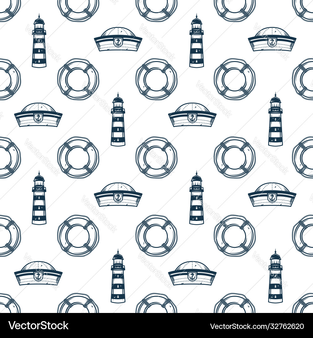 Pattern marine nautical lifebuoy and lighthouse Vector Image