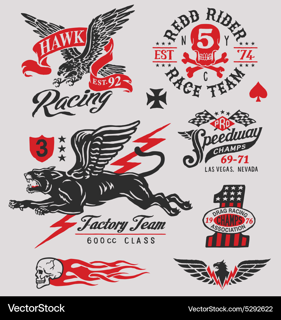 Vintage racing insignia graphics set Royalty Free Vector