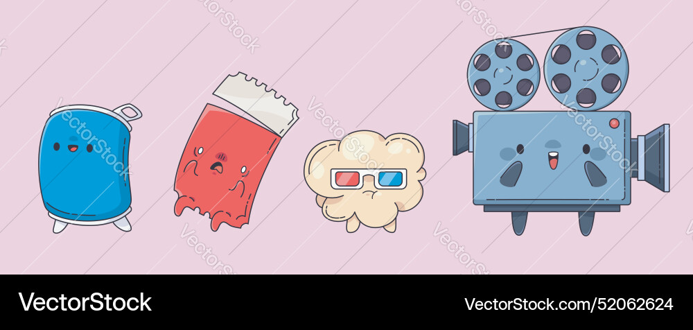Cute kawaii cinema mascots set Royalty Free Vector Image