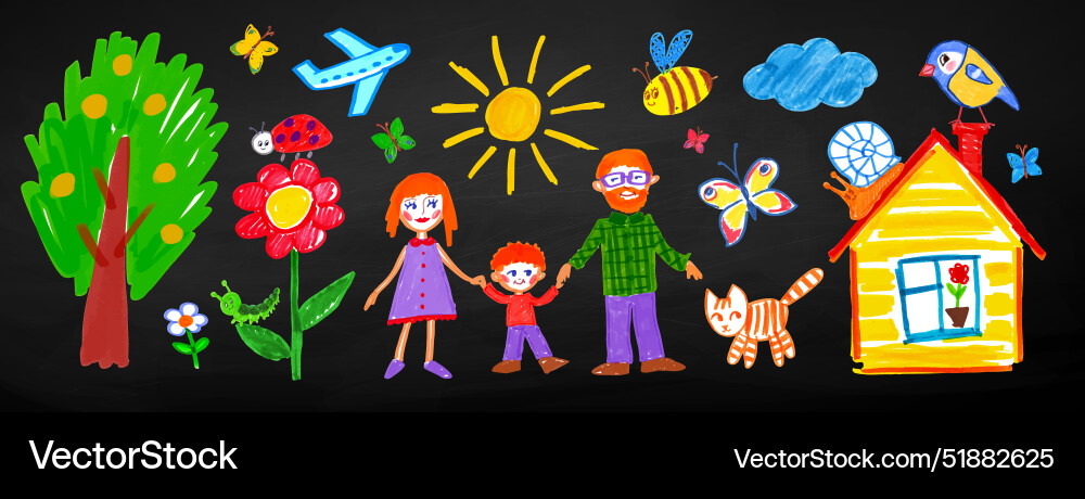 Child drawings set on chalkboard background Vector Image