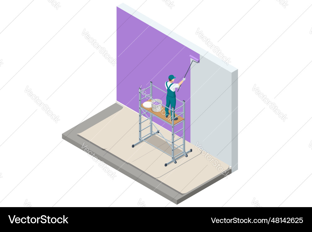 Isometric worker painting the wall extensive Vector Image