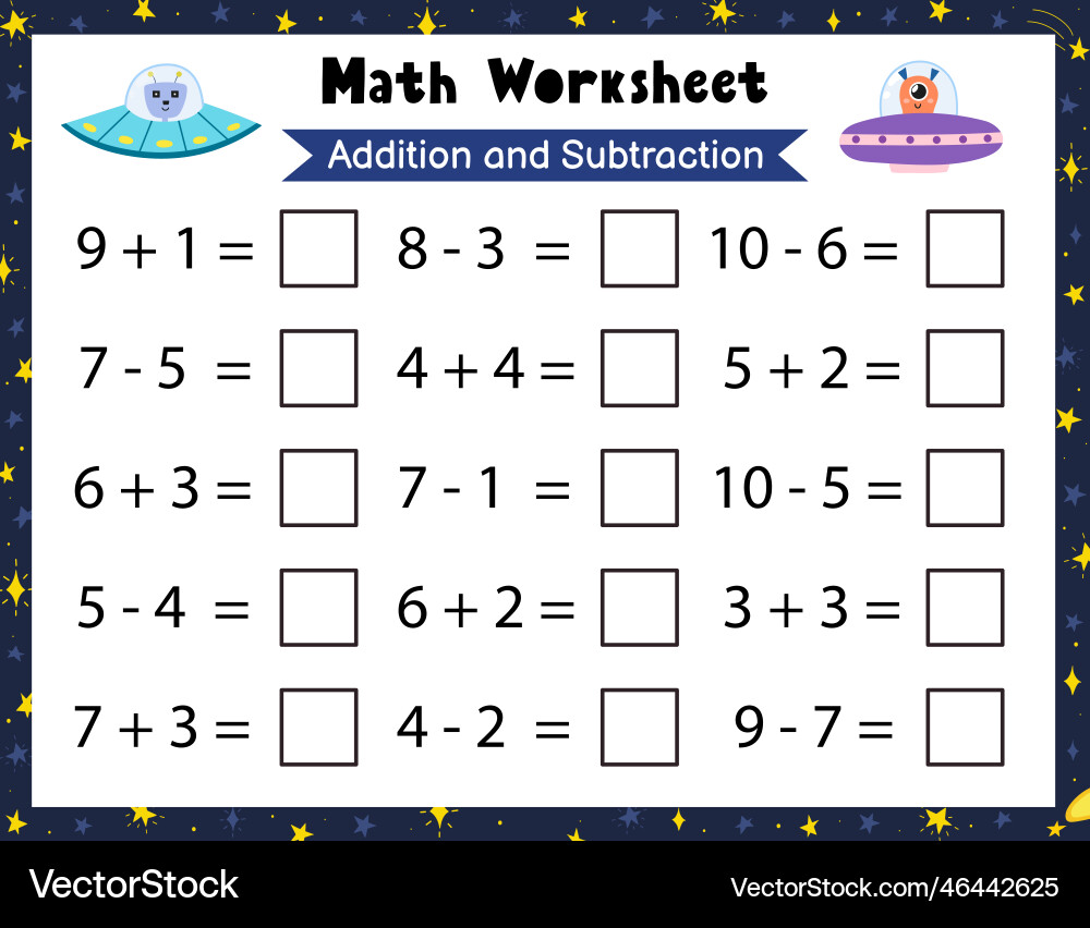 Space Subtraction Worksheet for Kids Royalty Free Vector