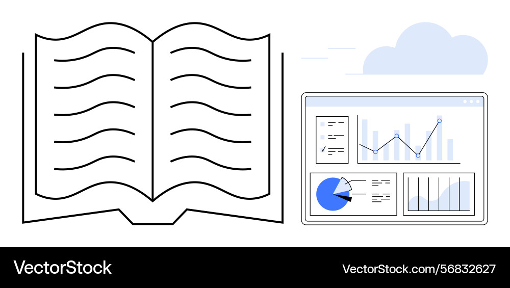 Open book and analytical dashboard representing Vector Image