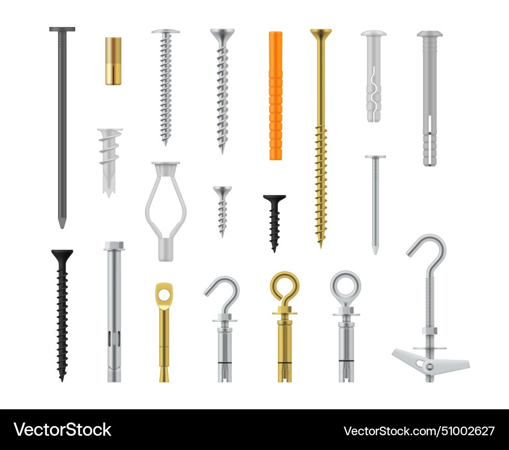 Wall fasteners bolts hooks and screws for fixing Vector Image