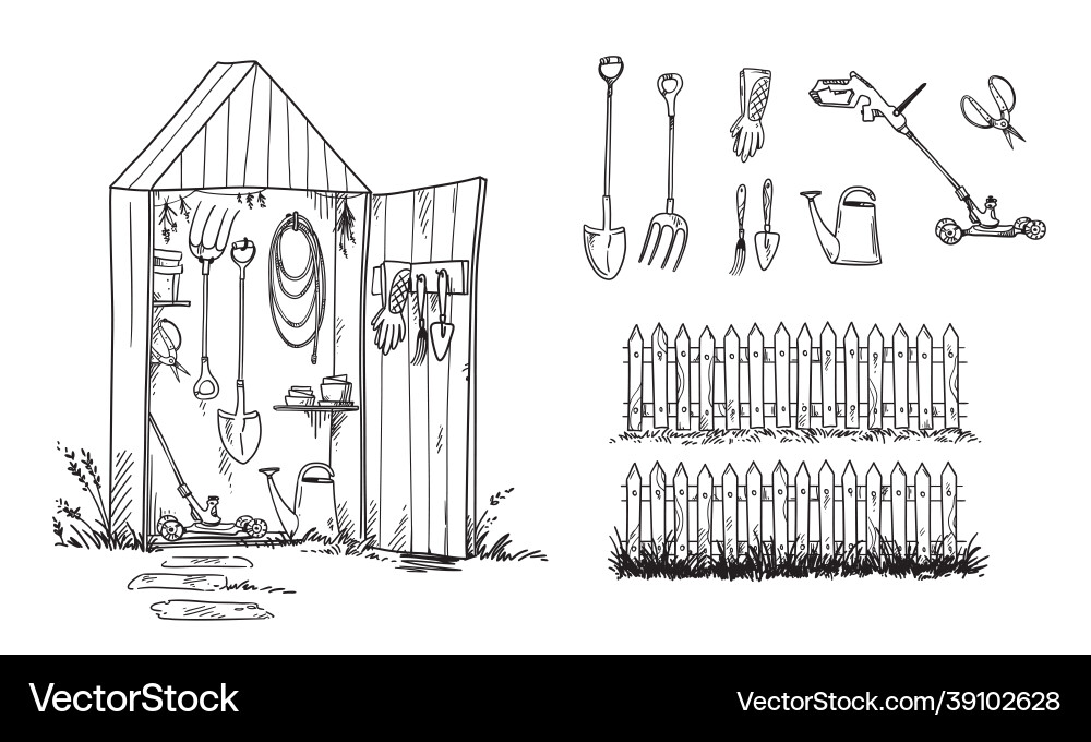 Garden Shed with Tools Sketch Royalty Free Vector Image