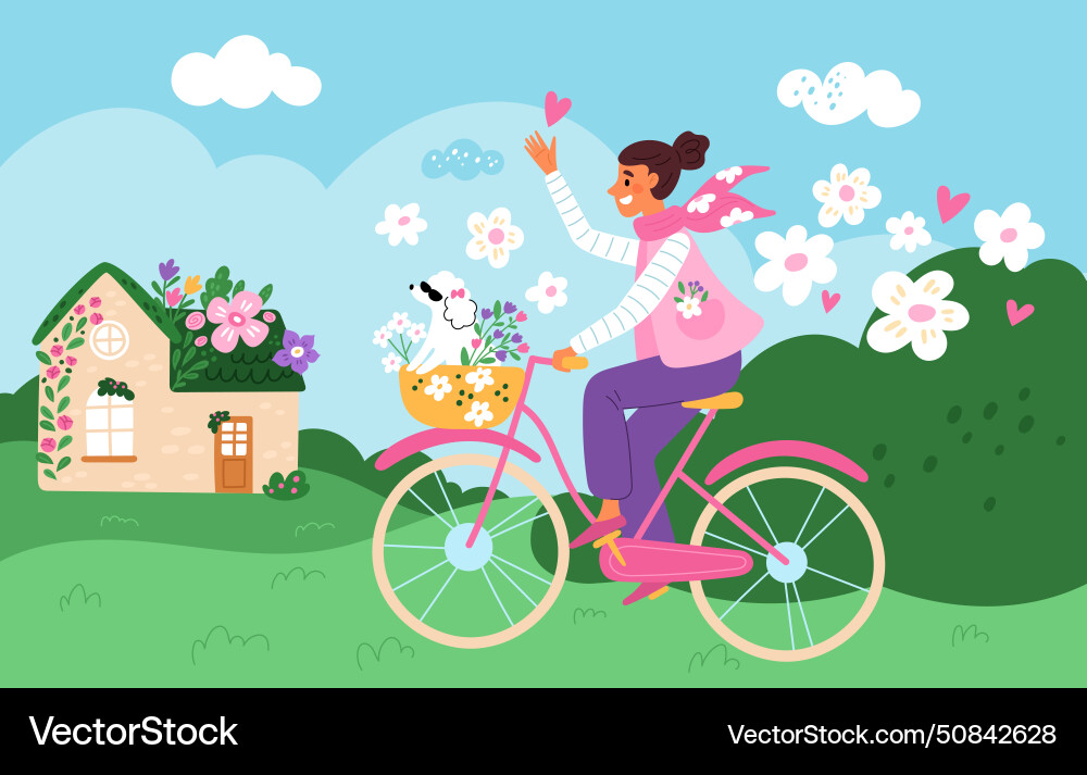 Hello spring beautiful girl riding bike blooming Vector Image