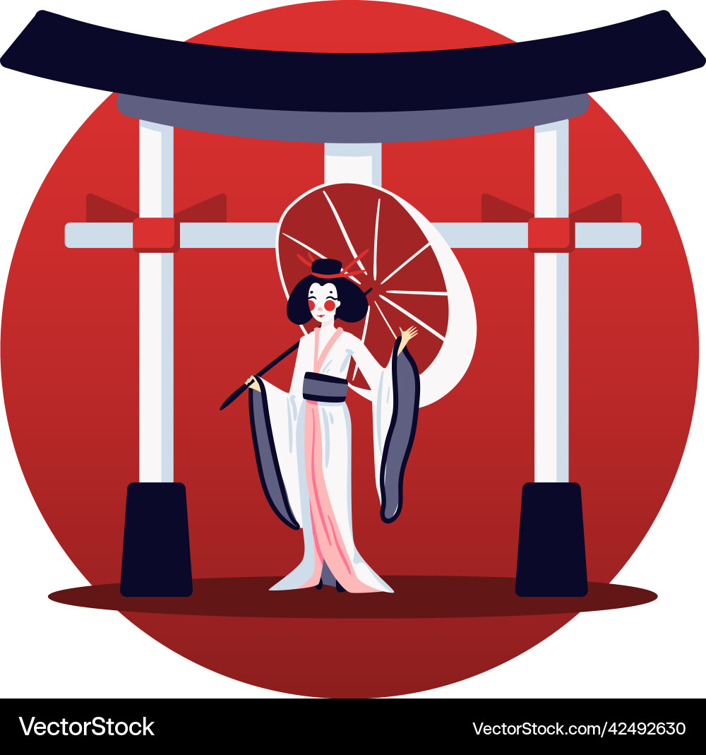 Pagoda girl round composition Royalty Free Vector Image