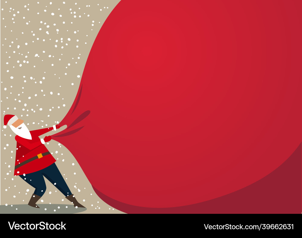 Holiday banner - santa claus pulling a huge heavy Vector Image