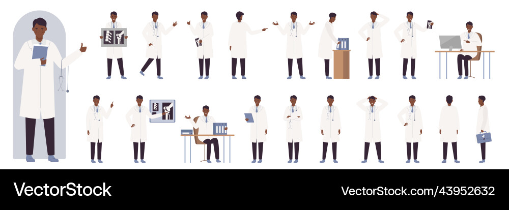 Black male doctor poses set confident explainer Vector Image
