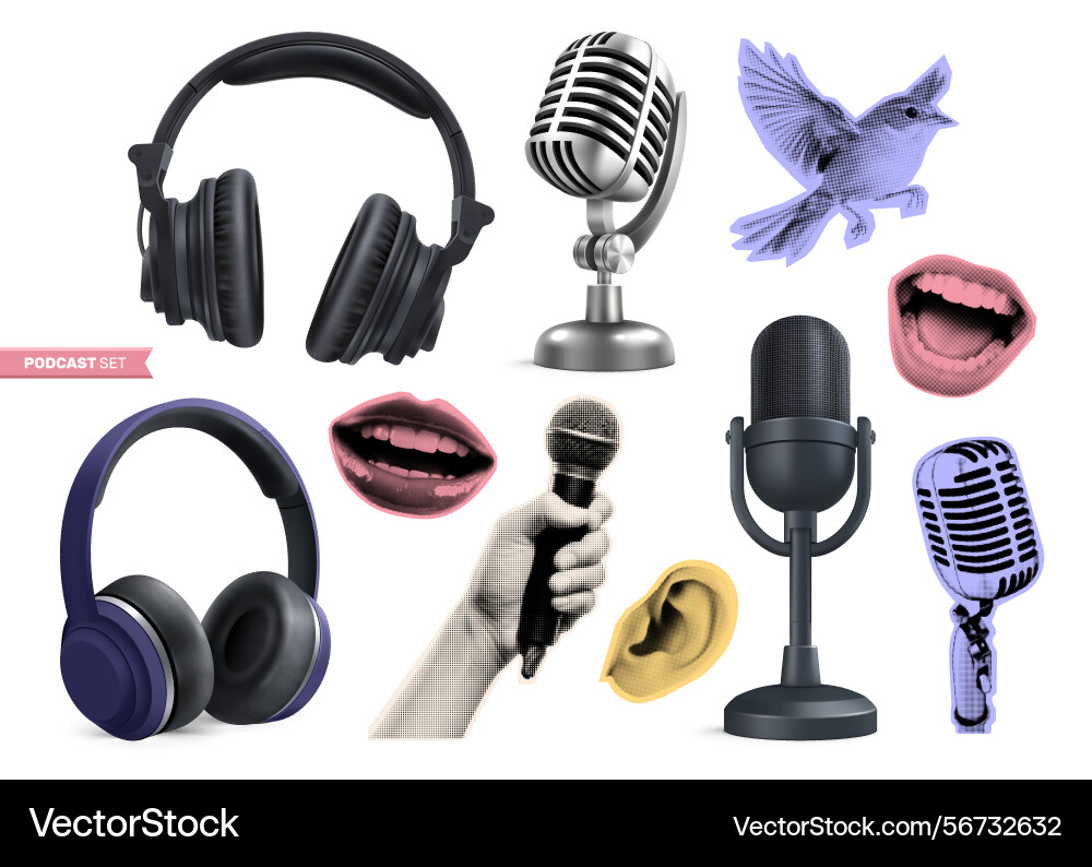 Realistic podcast production element set Vector Image