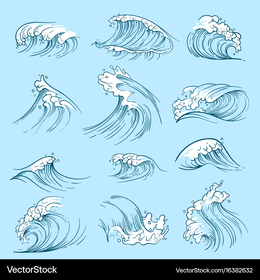 Sketch ocean waves hand drawn marine tides Vector Image