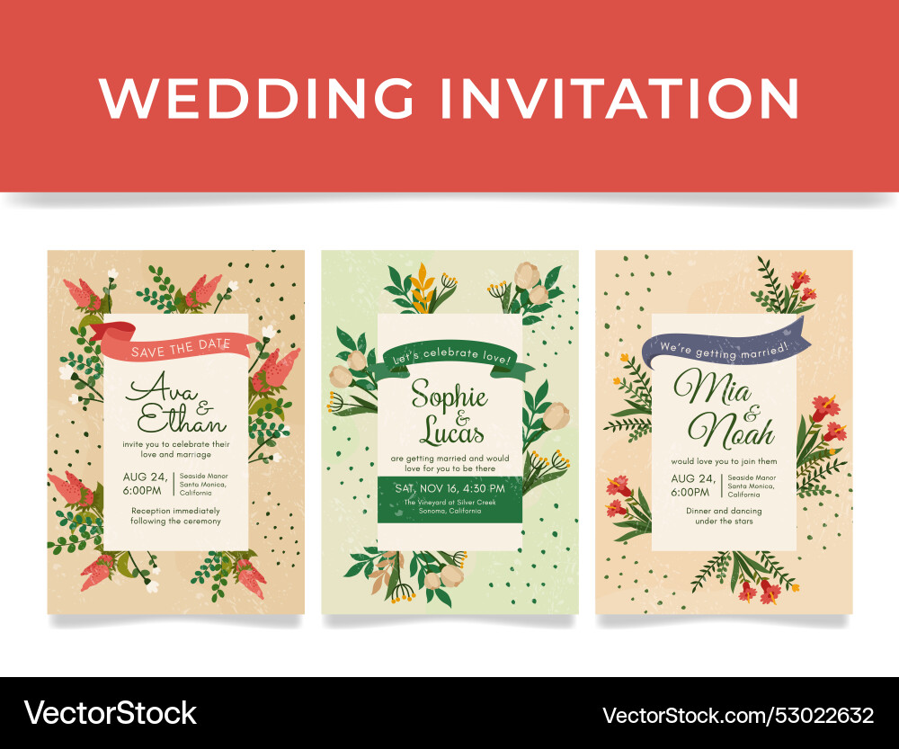 Three beautifully designed wedding invitation Vector Image