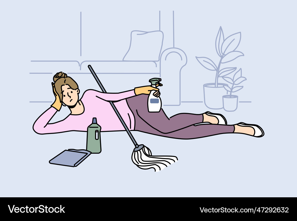 Tired lazy woman lying on floor while cleaning Vector Image