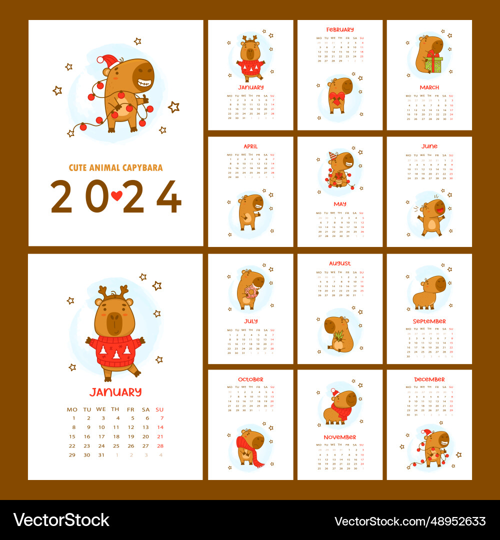 Cute capybara printable calendar 2024 Royalty Free Vector