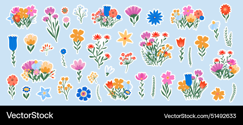 Flowers doodles cartoon elements stickers Vector Image