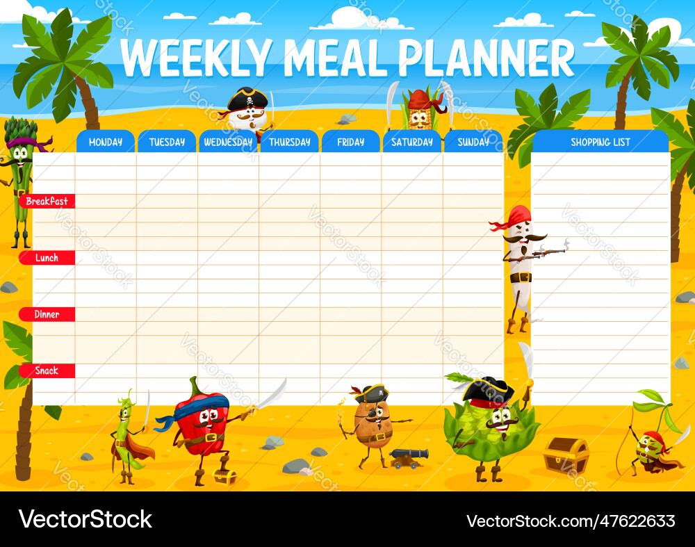 Weekly meal planner with cartoon vegetable pirates