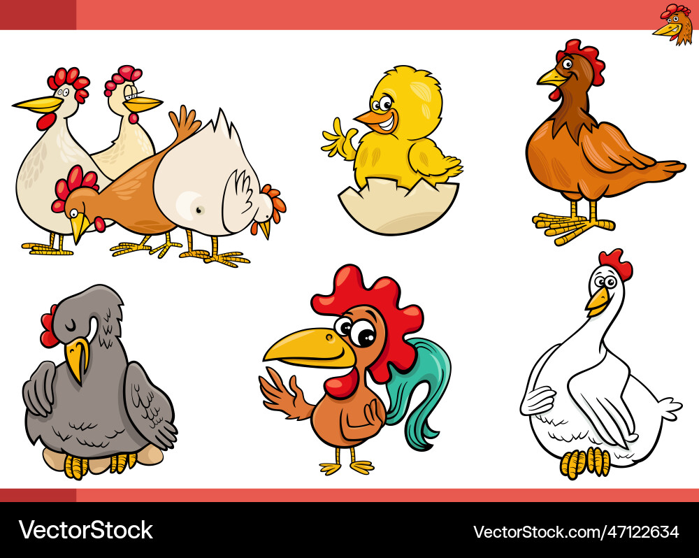 Cartoon chickens farm birds comic characters set Vector Image