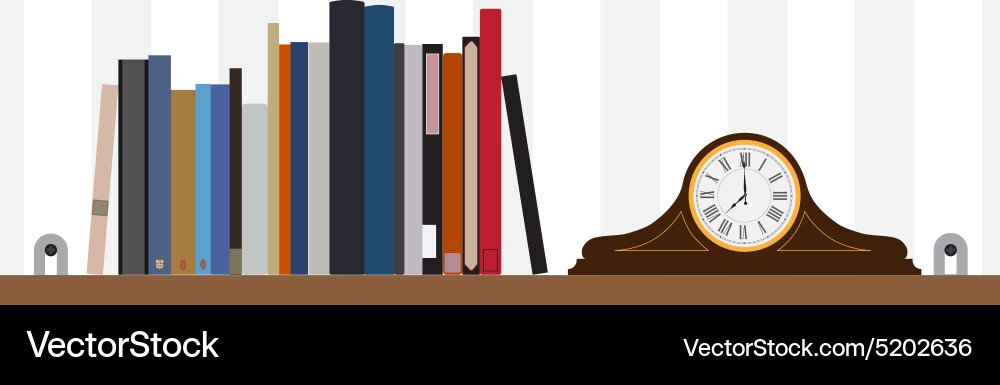 Books on shelf and table clock Royalty Free Vector Image