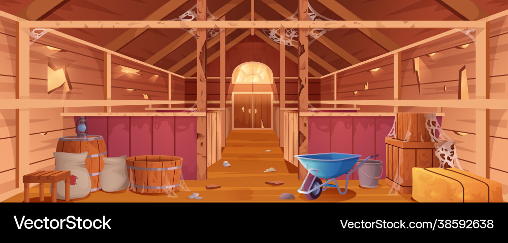 Cartoon abandoned barn interior with spiderweb Vector Image