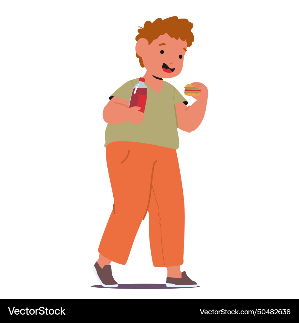 Chubby boy indulges in a hefty burger and juice Vector Image