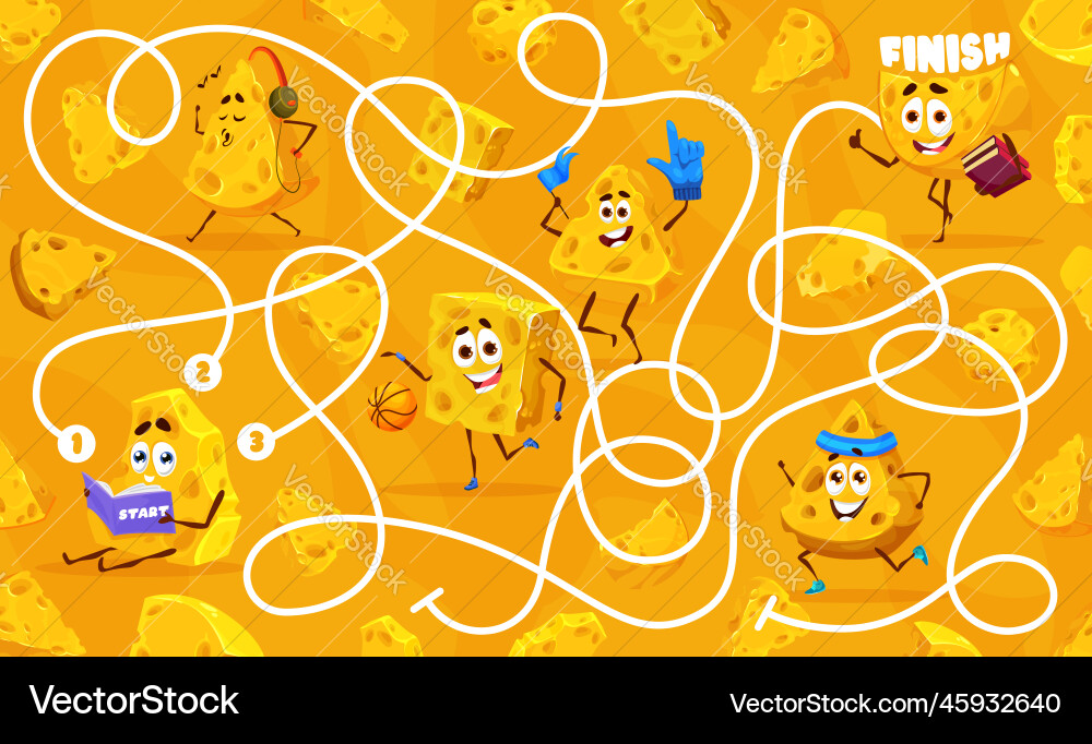 Labyrinth maze game cartoon cheese characters Vector Image