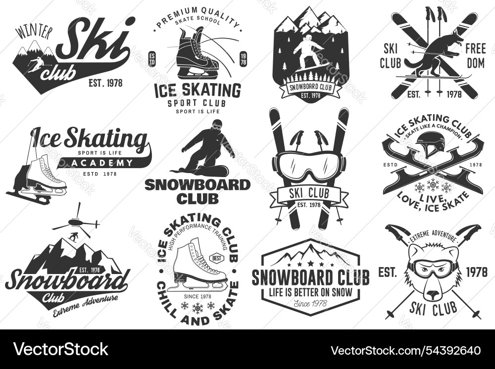 Ski ice skate and snowboard club emblem Royalty Free Vector