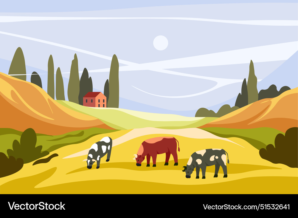 Cows grazing in valley Royalty Free Vector Image