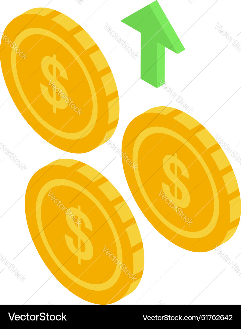 Gold coins increasing their value with green up Vector Image
