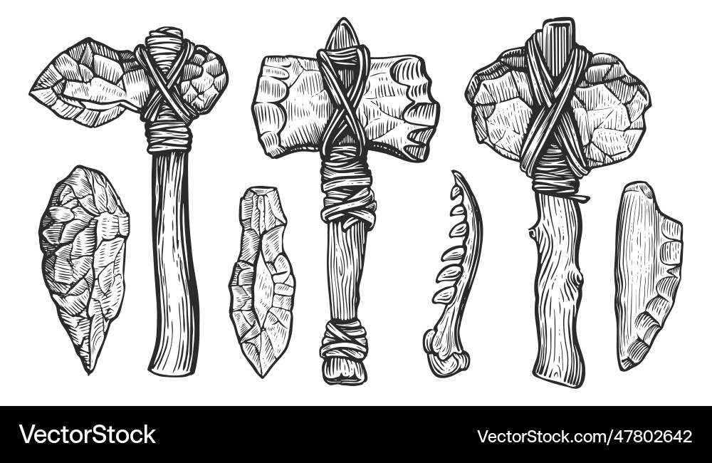 Prehistoric age tools and weapon set stone ax Vector Image