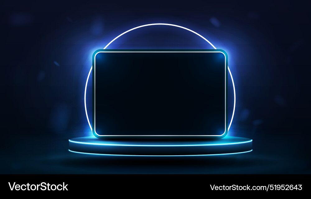 A tablet on podium with neon round arch Royalty Free Vector
