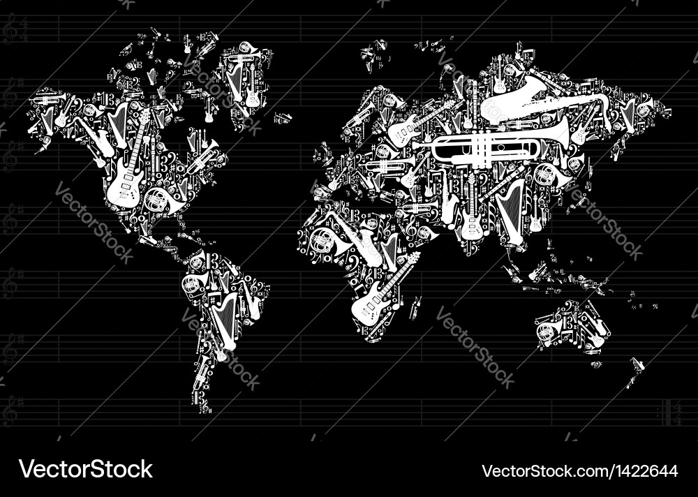 Music instruments in world map Royalty Free Vector Image