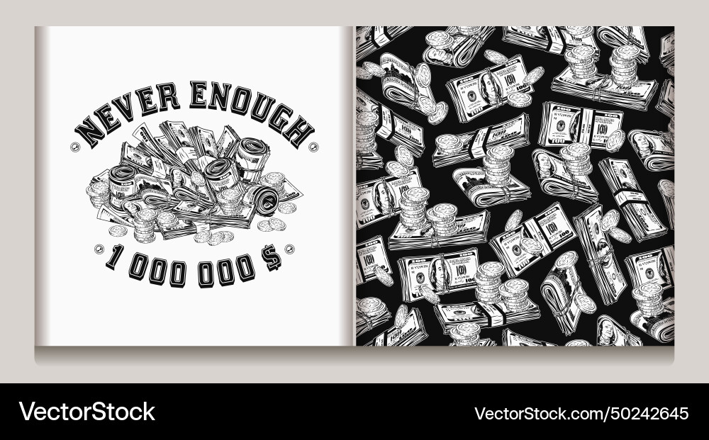 Money pattern label with dollar notes coins text Vector Image