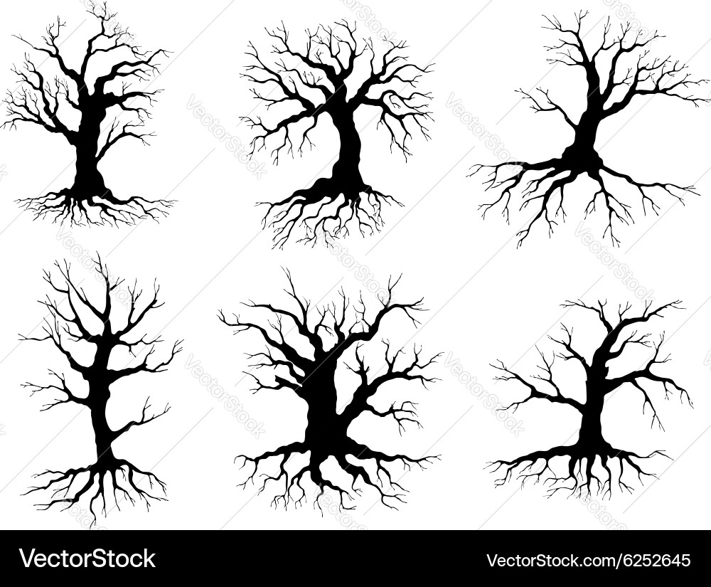 Old tree icons silhouettes with roots Royalty Free Vector