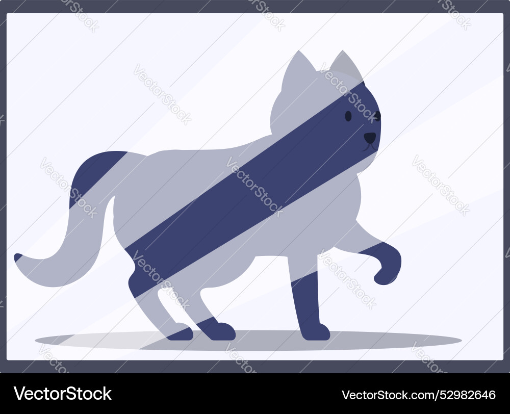 Grey cat walking behind glass window reflecting Vector Image