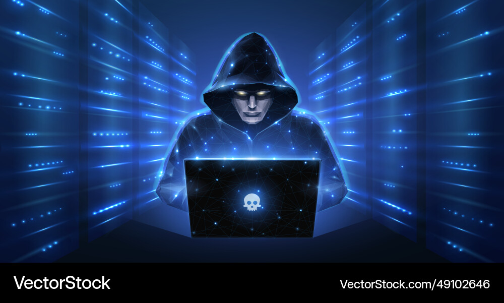 Hacker cyber criminal with laptop and server room Vector Image